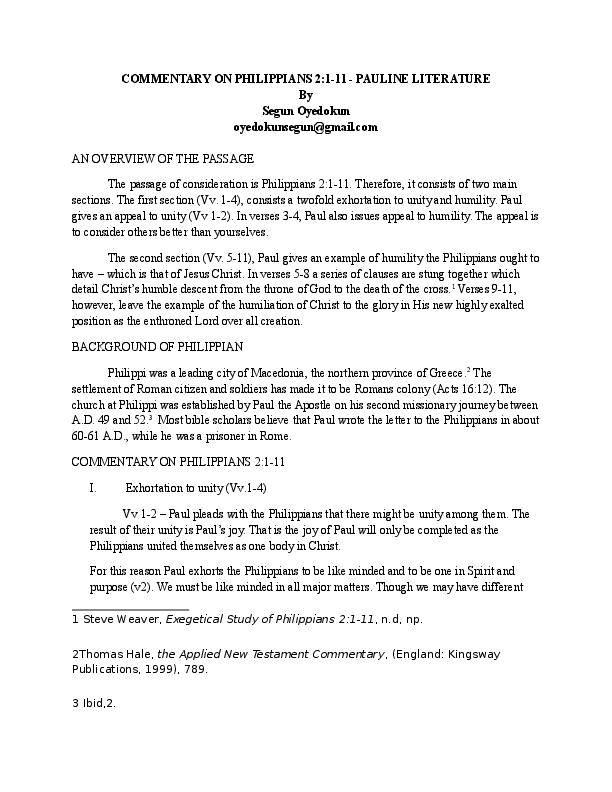 (DOC) COMMENTARY ON PHILIPPIANS 2:1-11 AND EXEGETICAL OULINE OF THE ...