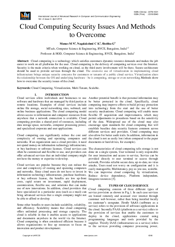 (PDF) Cloud Computing Security Issues And Methods to Overcome