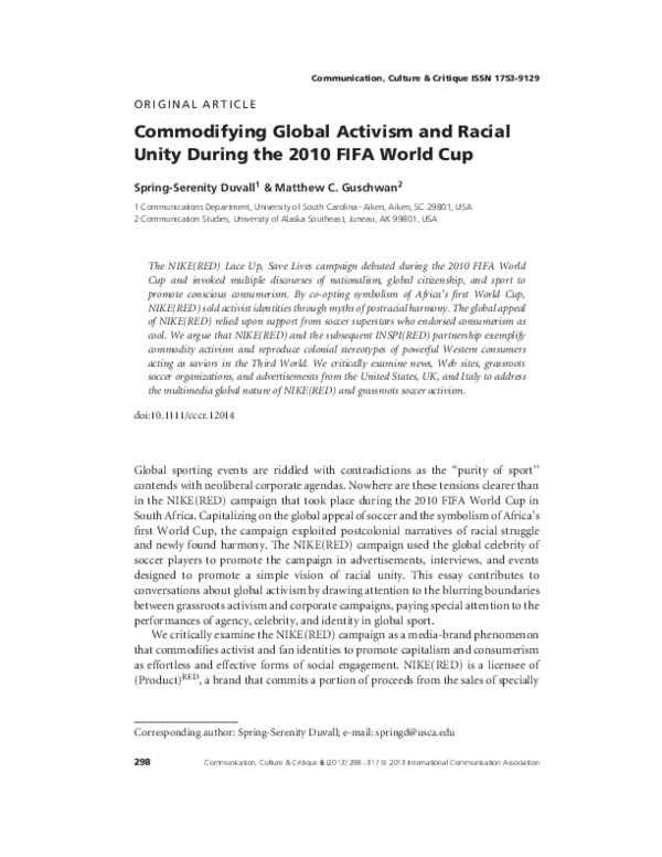 (PDF) Commodifying Global Activism and Racial Unity During the 2010 FIFA World Cup