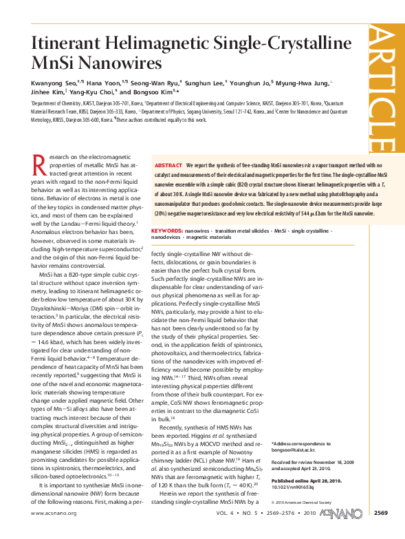 (PDF) Itinerant Helimagnetic Single-Crystalline MnSi Nanowires