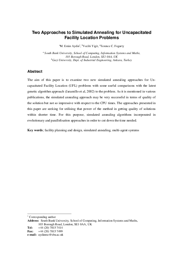 (PDF) Two Approaches to Simulated Annealing for Uncapacitated Facility Location Problems