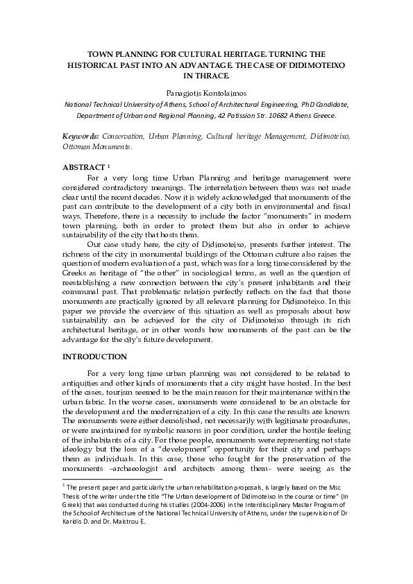 (PDF) TOWN PLANNING FOR CULTURAL HERITAGE. TURNING THE HISTORICAL PAST ...