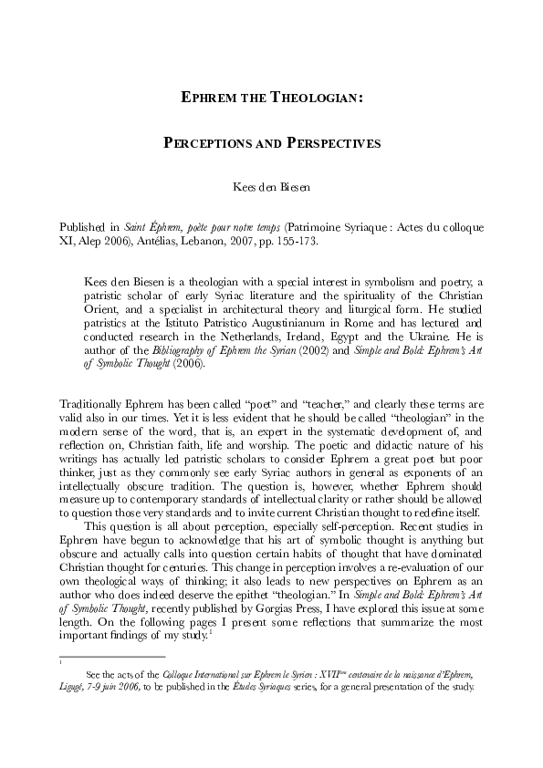 (PDF) Ephrem the theologian: Perceptions and perspectives