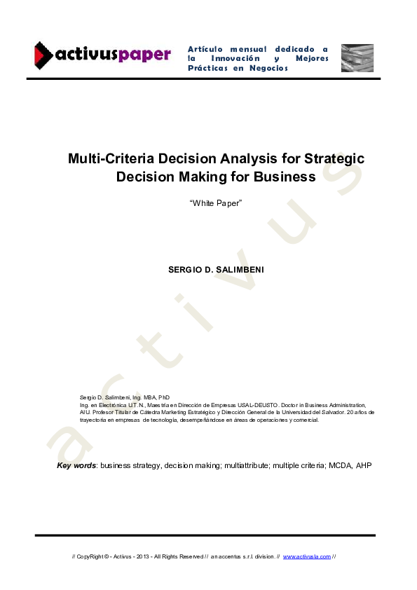 (PDF) Multi-Criteria Decision Analysis for Strategic Decision Making ...