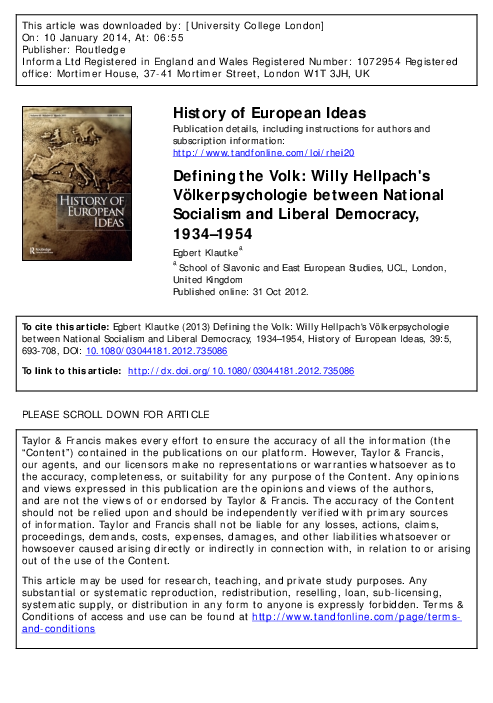 (PDF) Defining the Volk: Willy Hellpach's Völkerpsychologie between ...