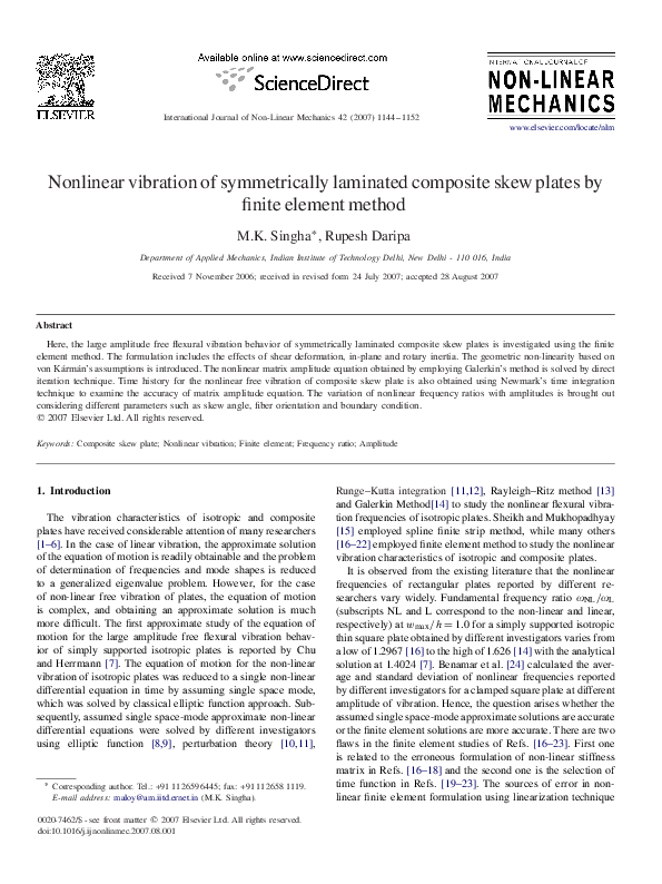 Pdf Nonlinear Vibration Of Symmetrically Laminated Composite Skew