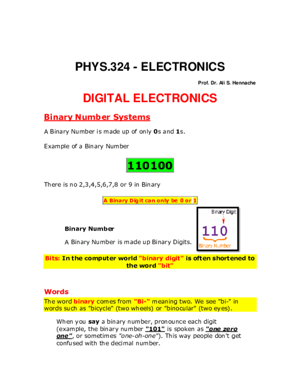 (PDF) PHYS.324: DIGITAL ELECTRONICS - Binary Number Systems