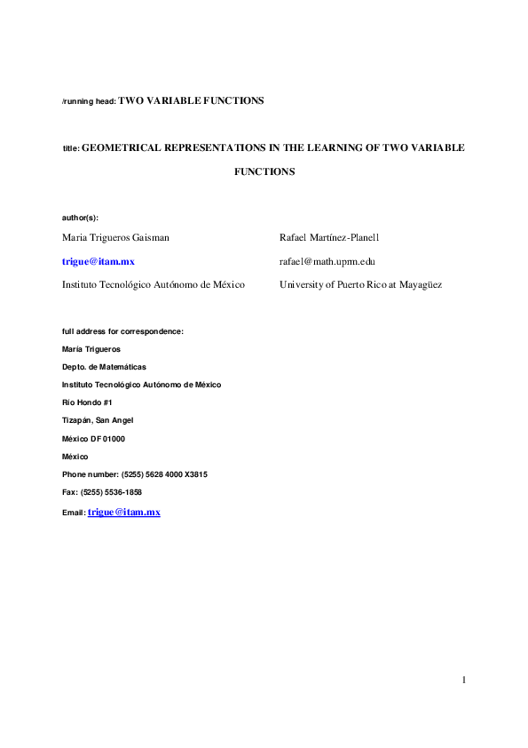 (PDF) Geometrical representations in the learning of two-variable functions
