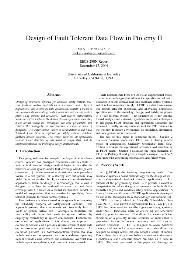 (PDF) Design of Fault Tolerant Data Flow in Ptolemy II