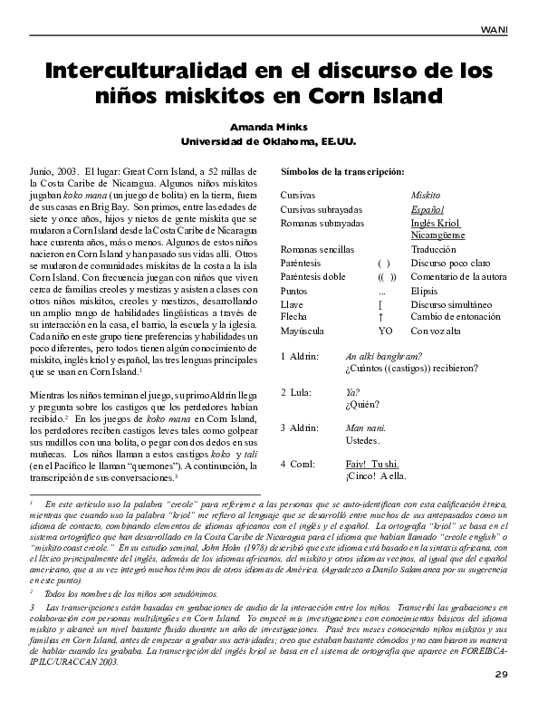 (PDF) “Interculturalidad y el discurso de los niños miskitos en Corn ...