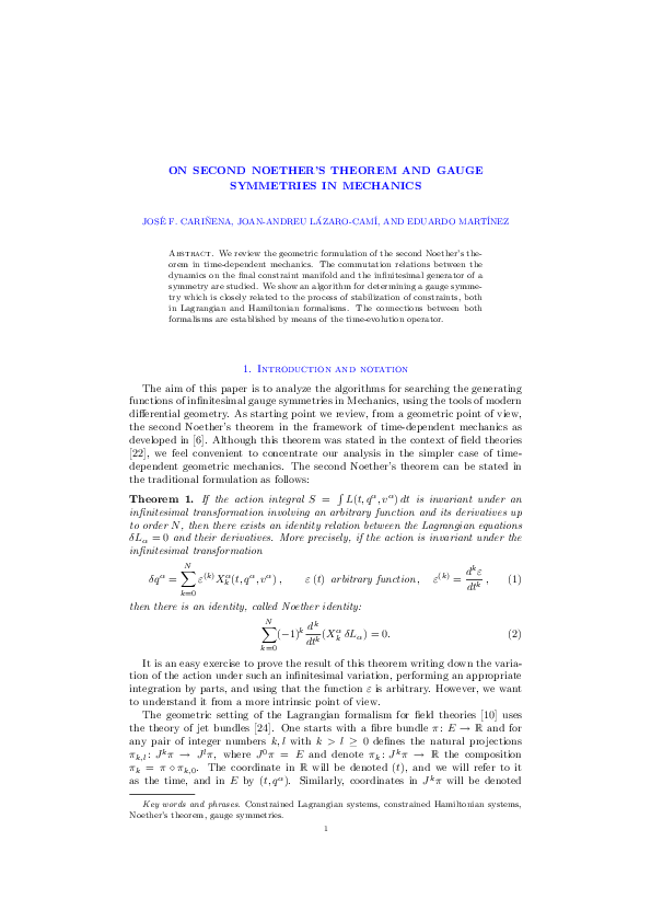 (PDF) ON SECOND NOETHER'S THEOREM AND GAUGE SYMMETRIES IN MECHANICS