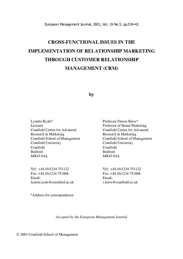 (PDF) CROSS-FUNCTIONAL ISSUES IN THE IMPLEMENTATION OF RELATIONSHIP ...
