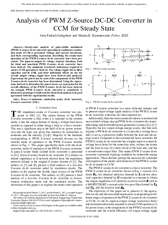 Pdf Analysis Of Pwm Z Source Dc Dc Converter In Ccm For Steady State