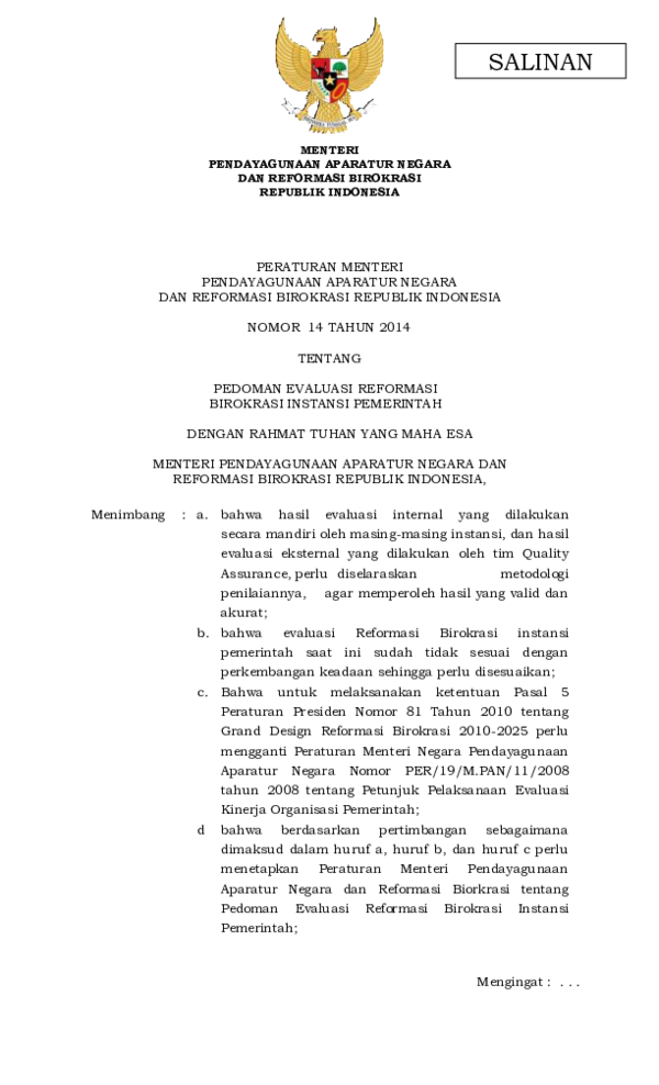 Pdf Peraturan Menteri Pendayagunaan Aparatur Negara Dan Reformasi