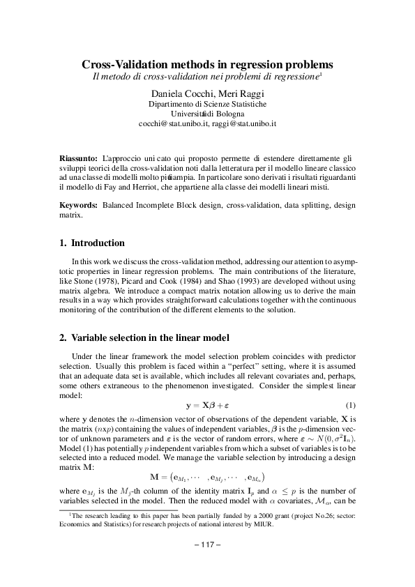 (PDF) Cross-Validation methods in regression problems