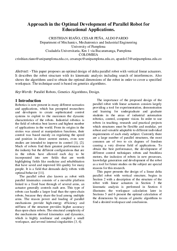 (PDF) Approach in the Optimal Development of Parallel Robot for Educational Applications.