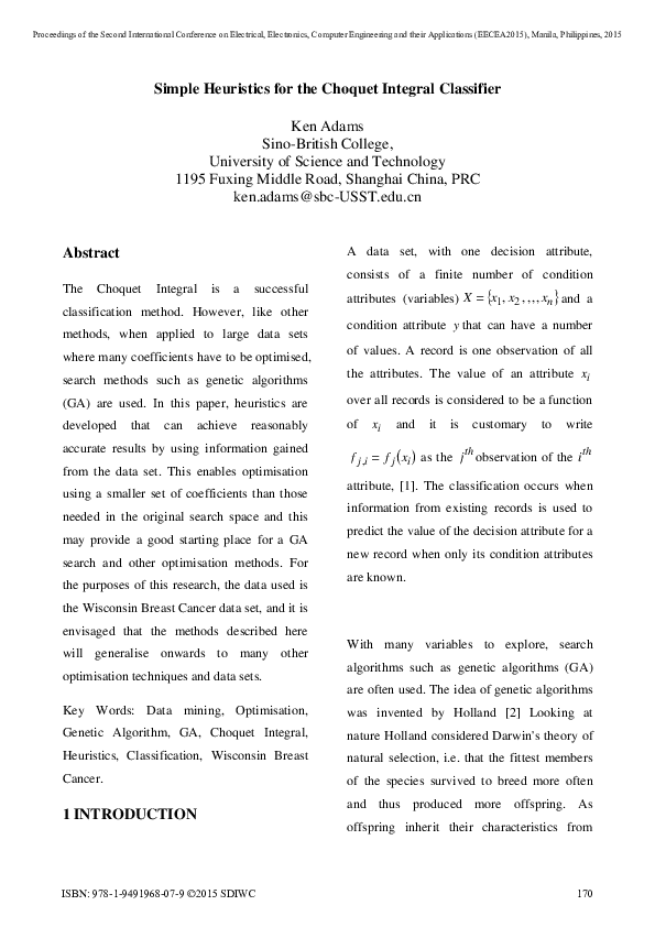 (PDF) Simple Heuristics for the Choquet Integral Classifier