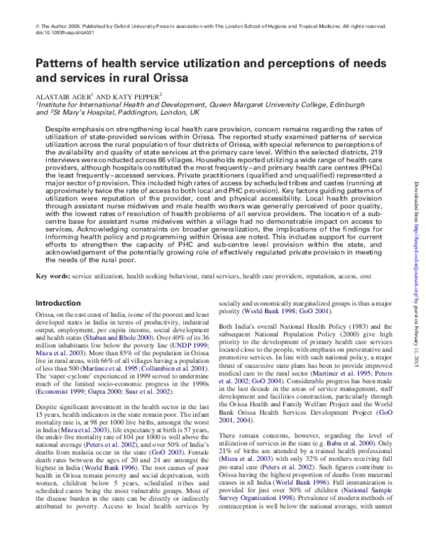 Pdf Patterns Of Health Service Utilization And Perceptions Of Needs