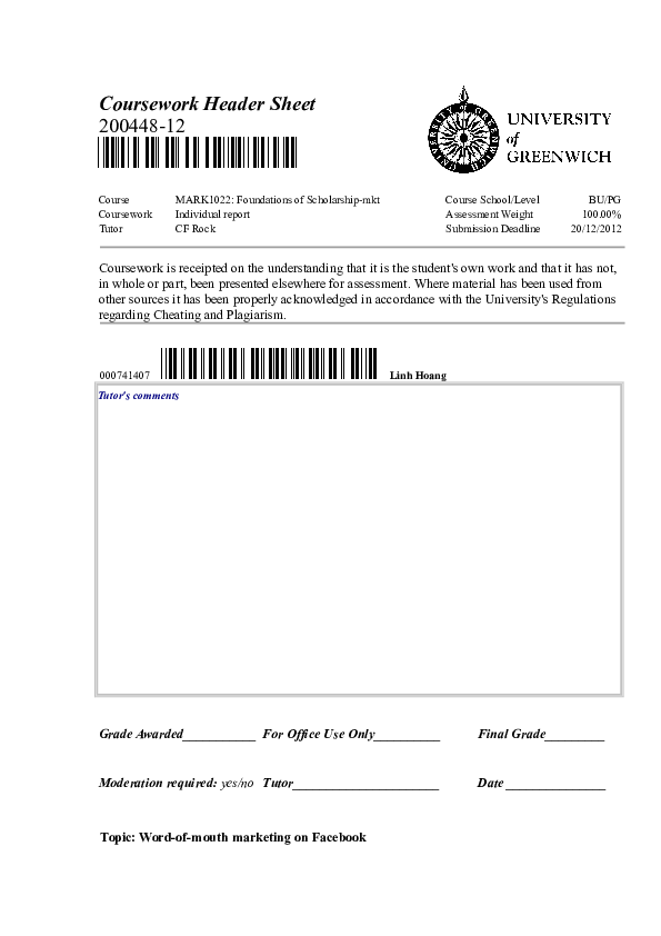 (DOC) Coursework Header Sheet 200448-12 Topic: Word-of-mouth marketing ...