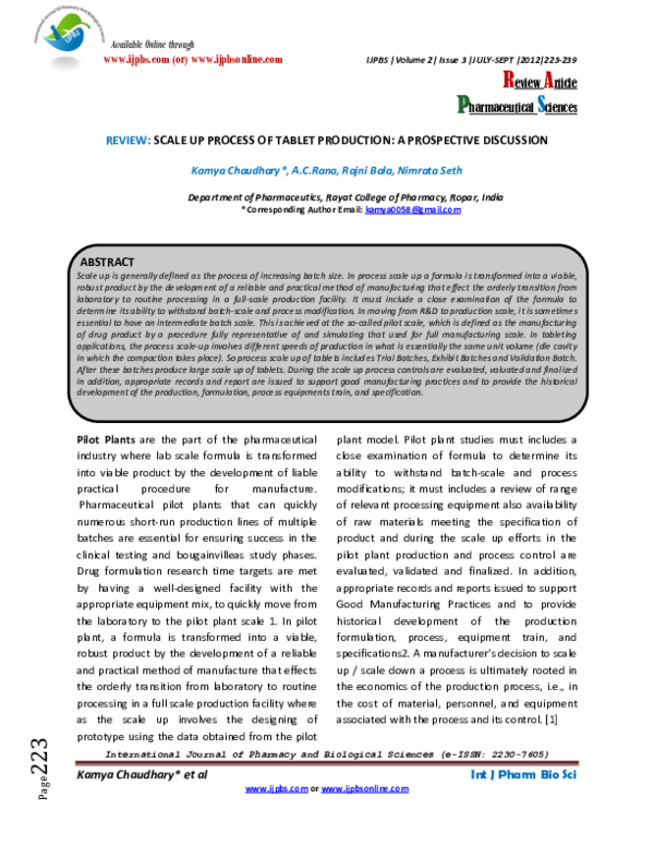 (PDF) REVIEW: SCALE UP PROCESS OF TABLET PRODUCTION: A PROSPECTIVE ...