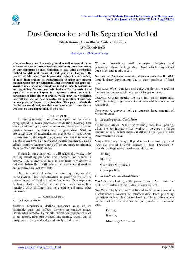 (PDF) DUST GENERATION AND ITS SEPARATION METHOD