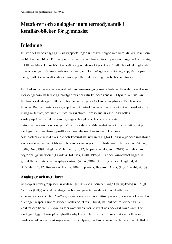 (PDF) Metaforer och analogier inom termodynamik i kemiläroböcker för gymnasiet