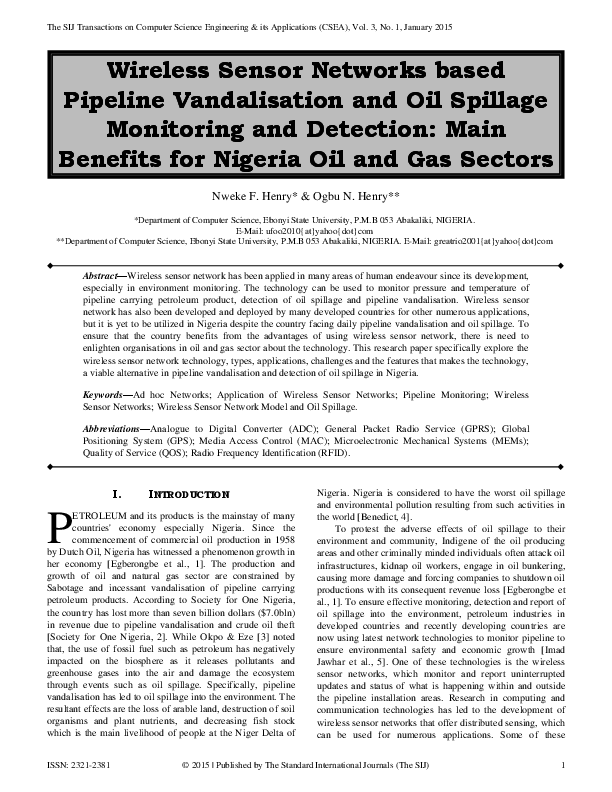 (PDF) Wireless Sensor Networks based Pipeline Vandalisation and Oil Spillage Monitoring and ...