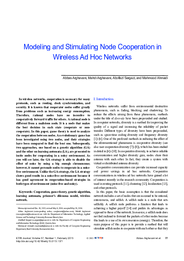Pdf Modeling And Stimulating Node Cooperation In Wireless Ad Hoc Networks