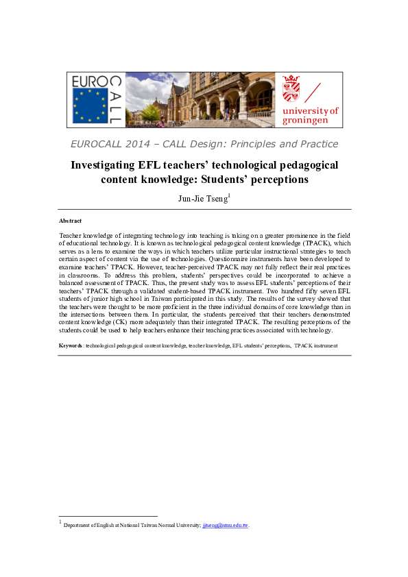 (PDF) Investigating EFL teachers’ technological pedagogical content knowledge: Students’ perceptions
