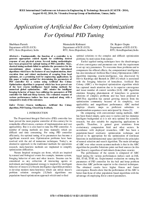 (PDF) Application of Artificial Bee Colony Optimization For Optimal PID Tuning