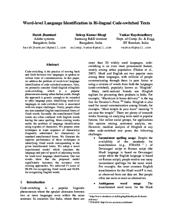 Pdf Word Level Language Identification In Bi Lingual Code Switched Texts