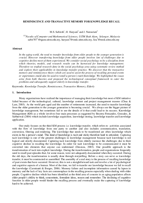 (PDF) Reminiscence and Transactive Memory for Knowledge Recall