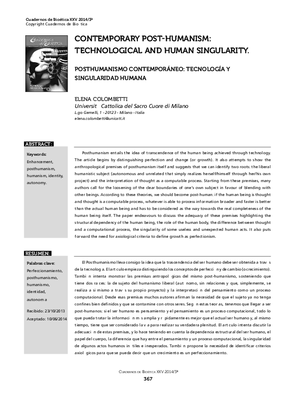 (PDF) CONTEMPORARY POST-HUMANISM: TECHNOLOGICAL AND HUMAN SINGULARITY.