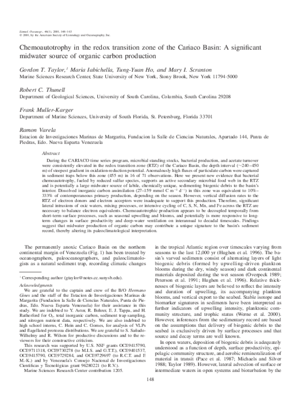 (PDF) Chemoautotrophy in the redox transition zone of the Cariaco Basin ...
