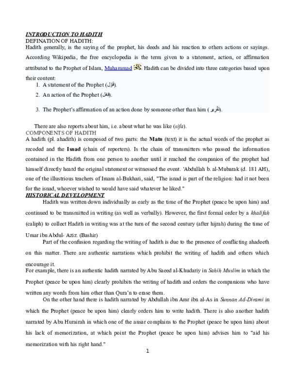 (DOC) Introduction to the Study of Hadith