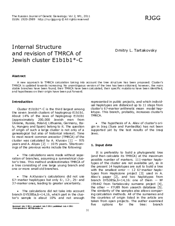 (PDF) Internal Structure and revision of TMRCA of Jewish cluster E1b1b1*-C