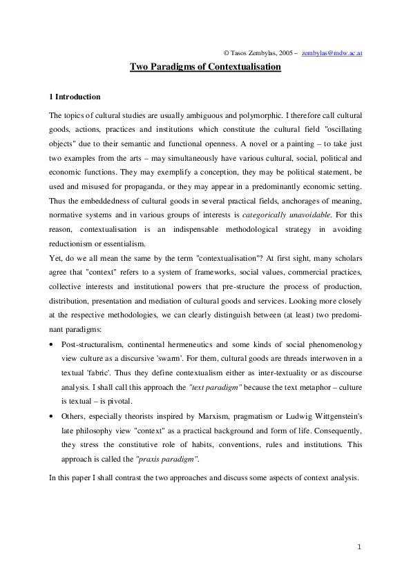 (PDF) Two Paradigms of Contextualisation | Tasos Zembylas - Academia.edu