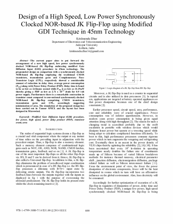 Pdf Design Of A High Speed Low Power Synchronously Clocked Nor Based Jk Flip Flop Using