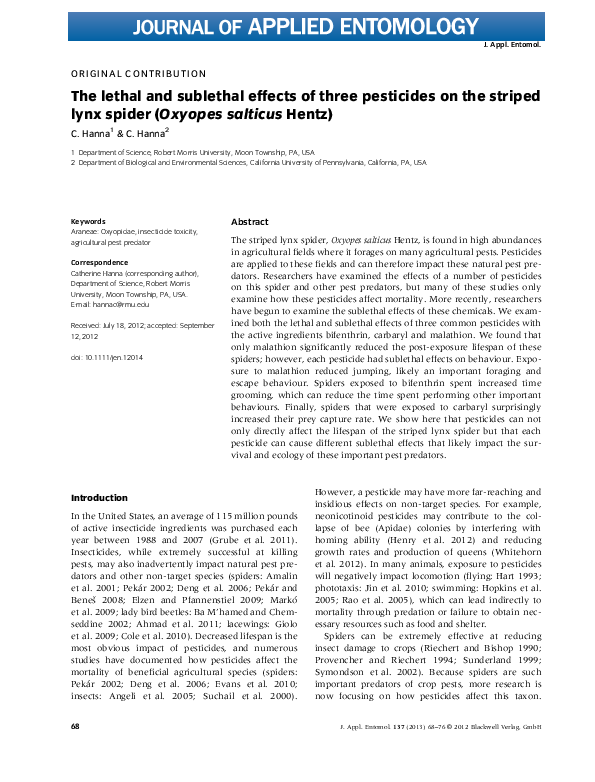 (PDF) The lethal and sublethal effects of three pesticides on the striped lynx spider (Oxyopes ...