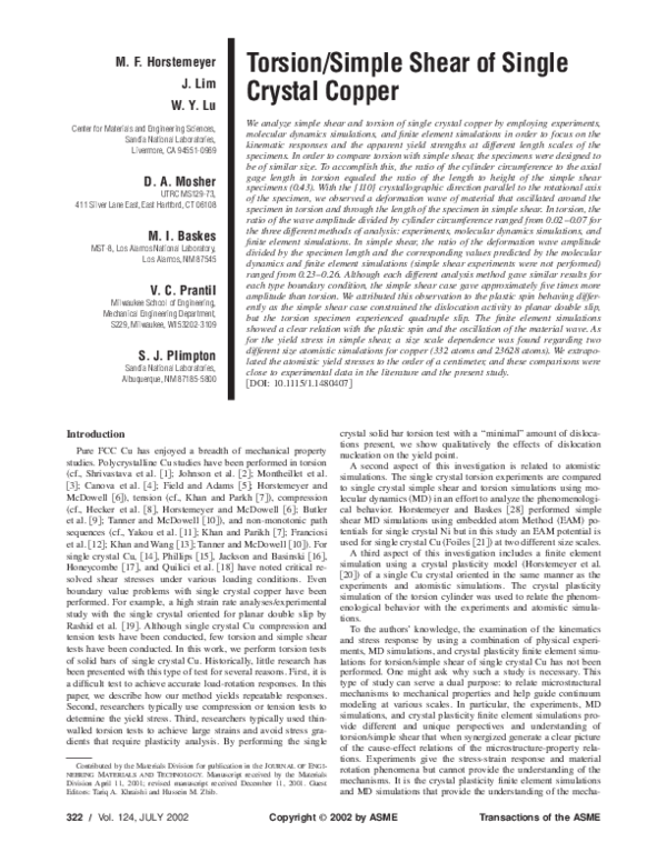 (PDF) Torsion/Simple Shear of Single Crystal Copper