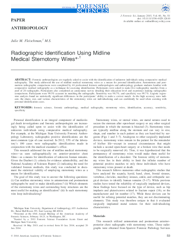 (PDF) Radiographic Identification Using Midline Medical Sternotomy Wires