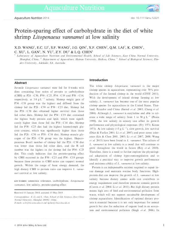 (PDF) Protein-sparing effect of carbohydrate in the diet of white shrimp Litopenaeus vannamei at ...