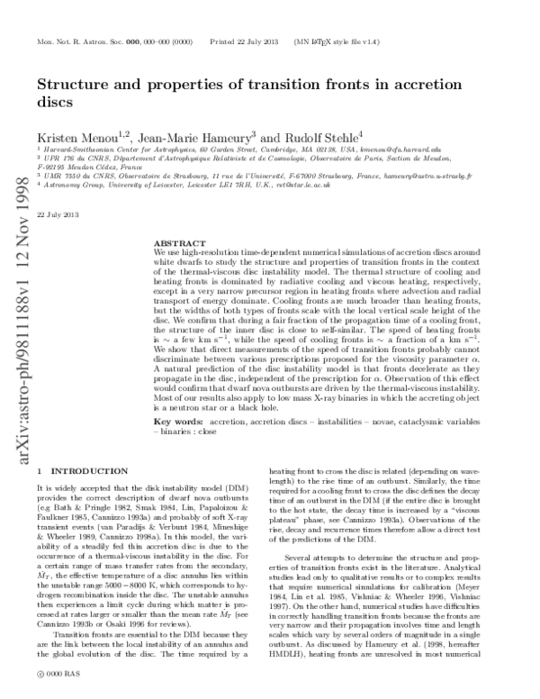 (PDF) Structure and properties of transition fronts in accretion discs