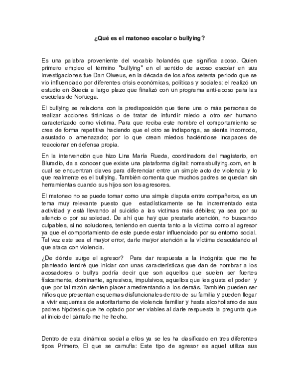 (DOC) Qué es el matoneo escolar o bullying