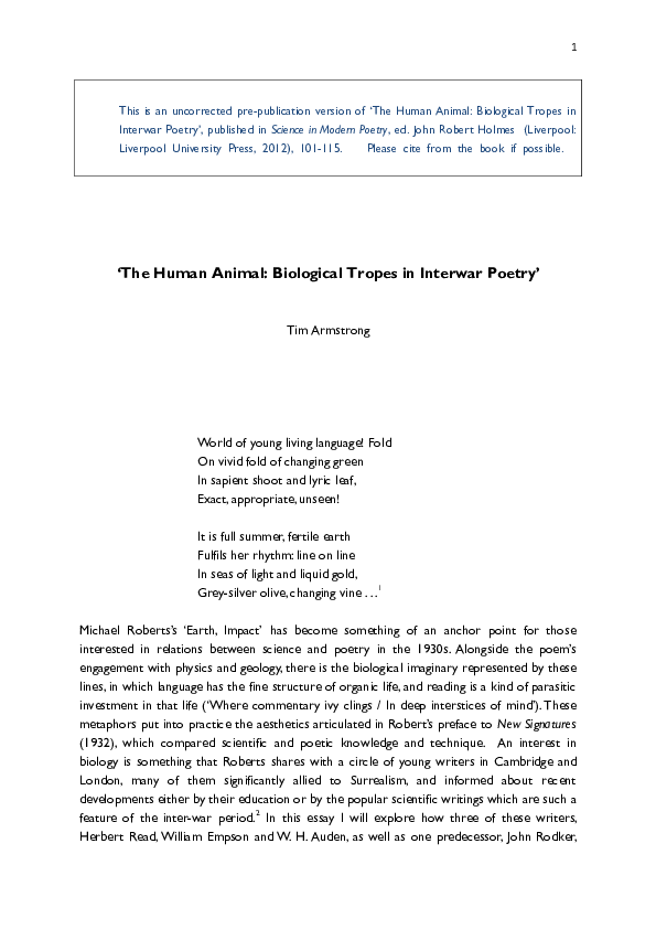 (PDF) The Human Animal: Biological tropes in Interwar Poetry