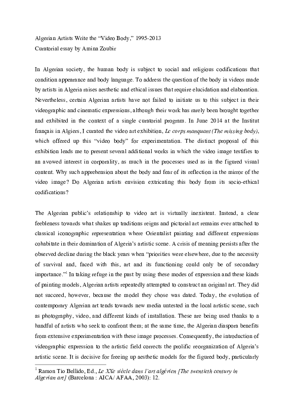 (PDF) Algerian Artists Write the “Video Body,” 1995-2013 Curatorial ...