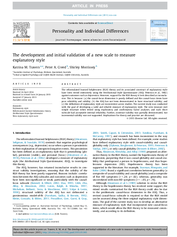 (PDF) The development and initial validation of a new scale to measure explanatory style