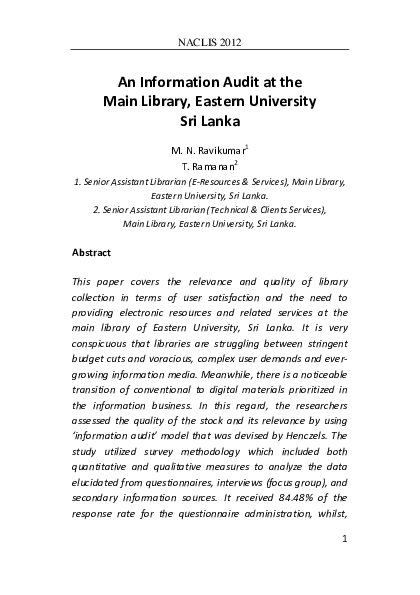 (PDF) An Information Audit at the Main Library, Eastern University Sri ...