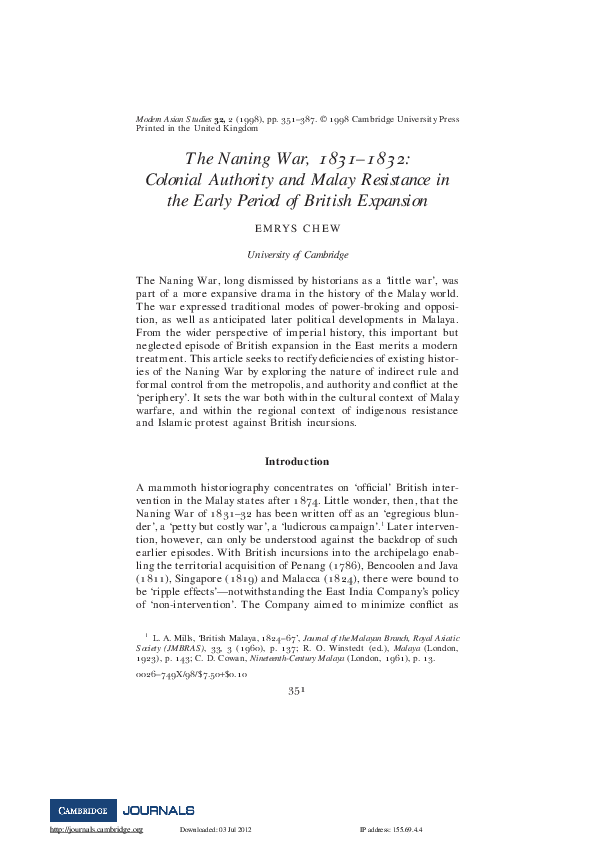 (PDF) The Naning War, 1831-1832: Colonial Authority and Malay ...