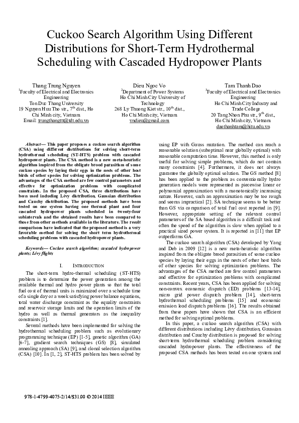 (PDF) Cuckoo Search Algorithm Using Different Distributions for Short-Term Hydrothermal ...